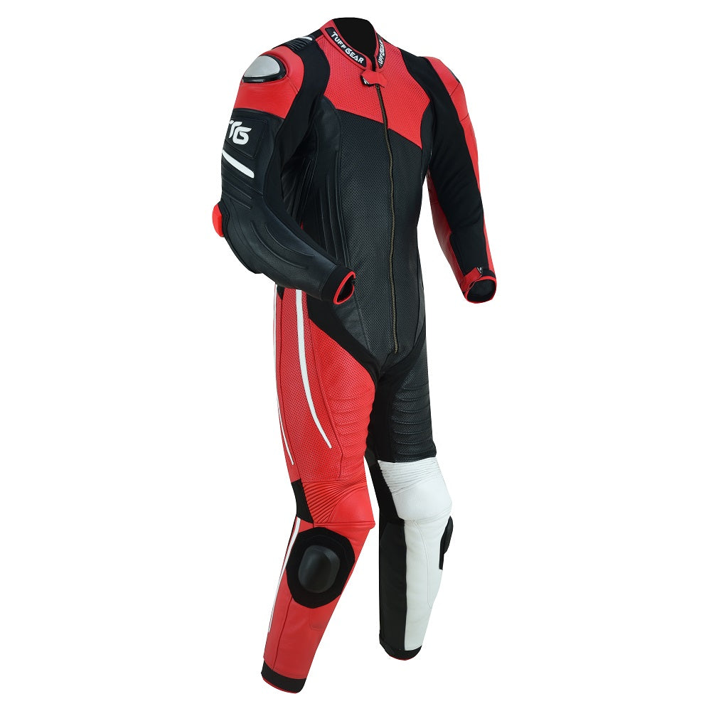Tuff Gear Motorcycle Cowhide Leather One Piece Racing Suit - Red & Bla